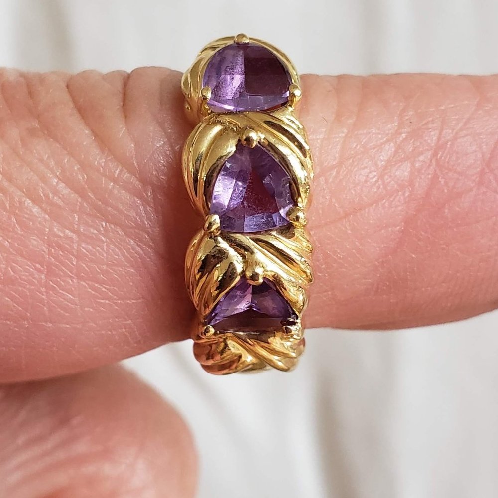 14k Gold Amethyst 3 Stone Trilogy 1.5cttw Band Ring S… - Gem